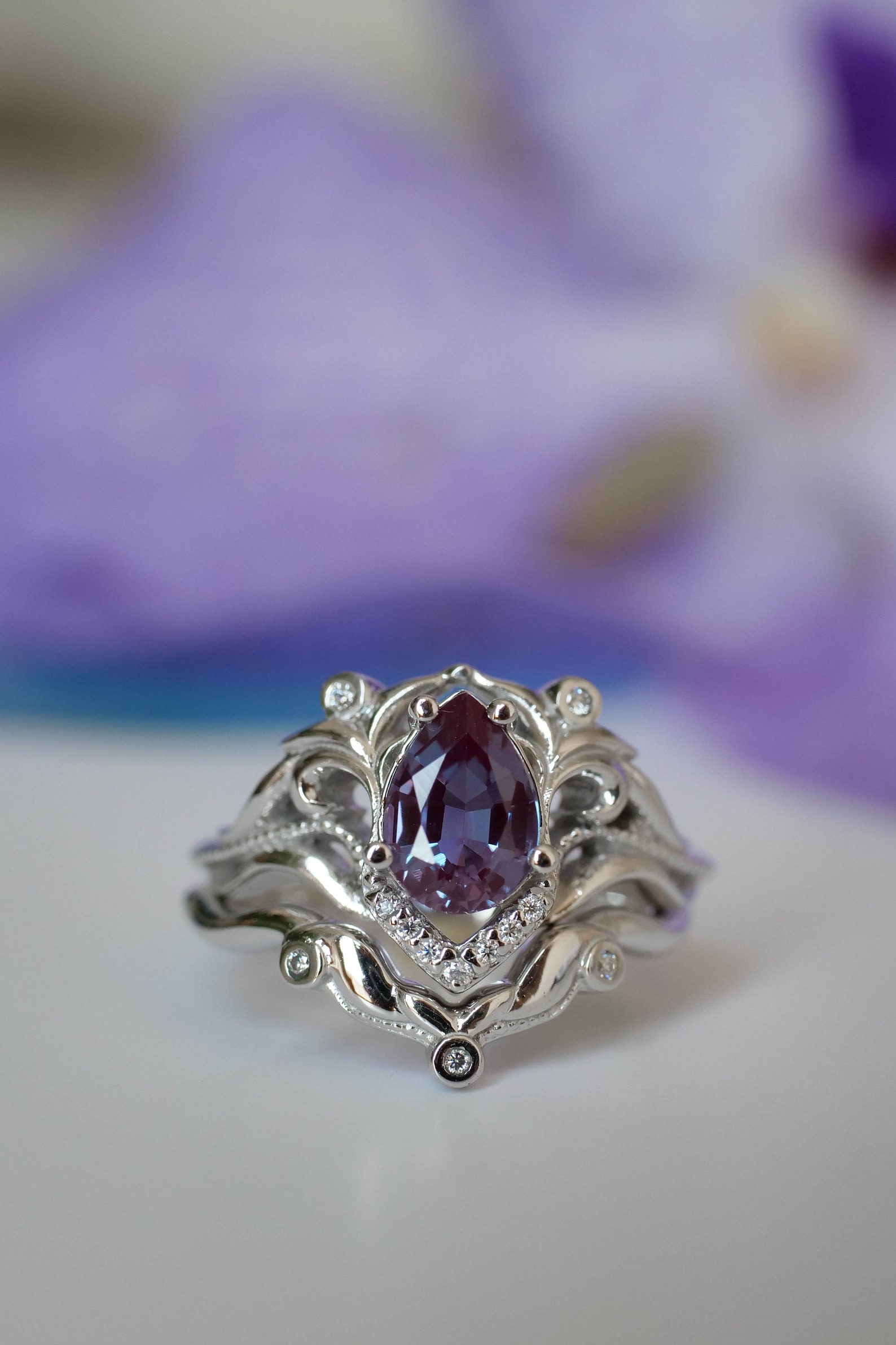 Alexandrite Engagement Ring Set, Lab Alexandrite Diamond Ring and ...