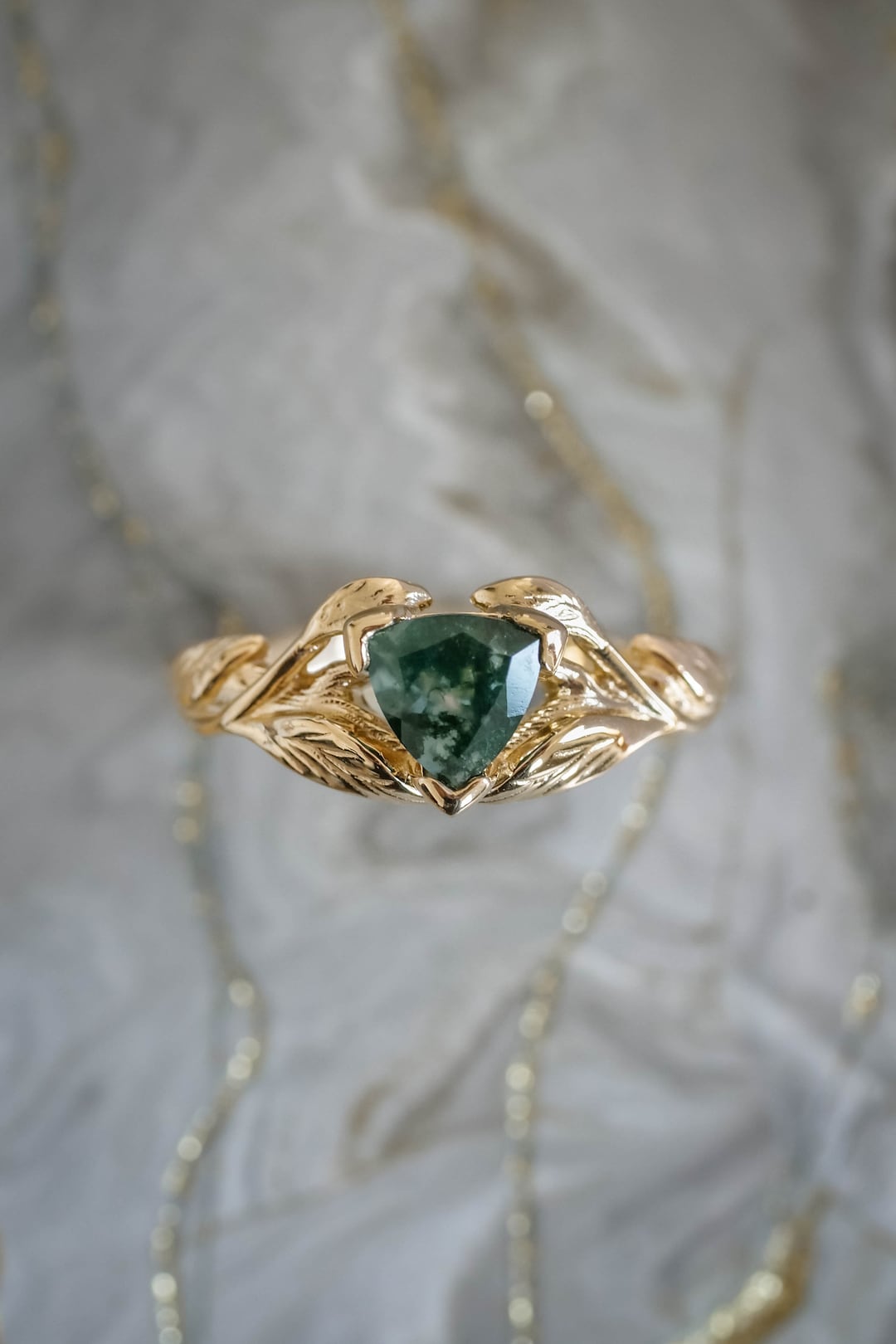 Forest Green Natural Moss Agate Ring, Botanical Engagement Ring for Her ...