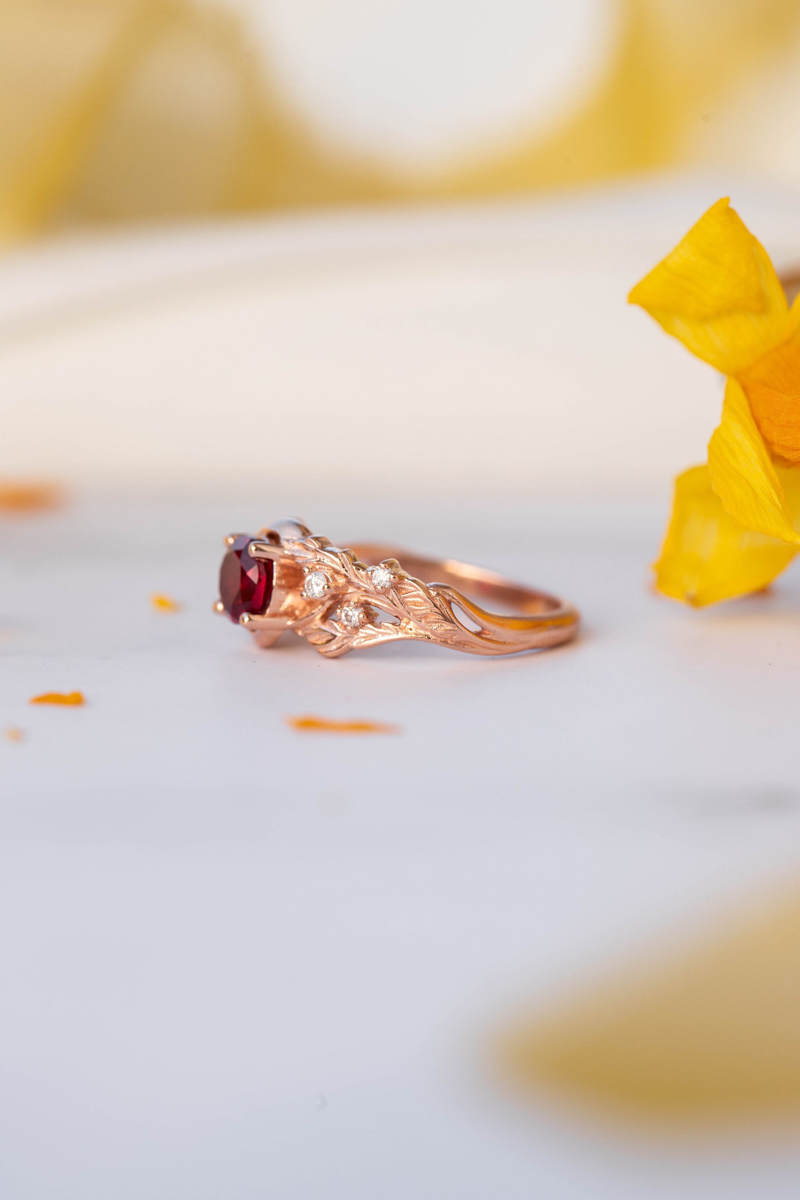 Lab Ruby Rose Gold Engagement Ring Gold Twig Leaf Ring - Etsy