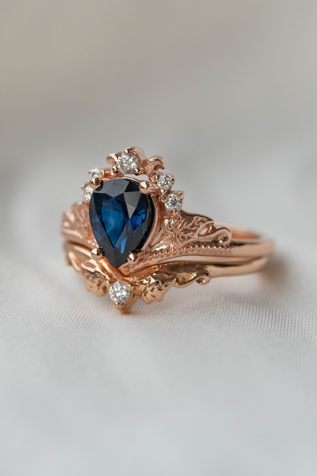 Genuine Dark Blue Sapphire Engagement Ring Set, Rose Gold Stacking ...