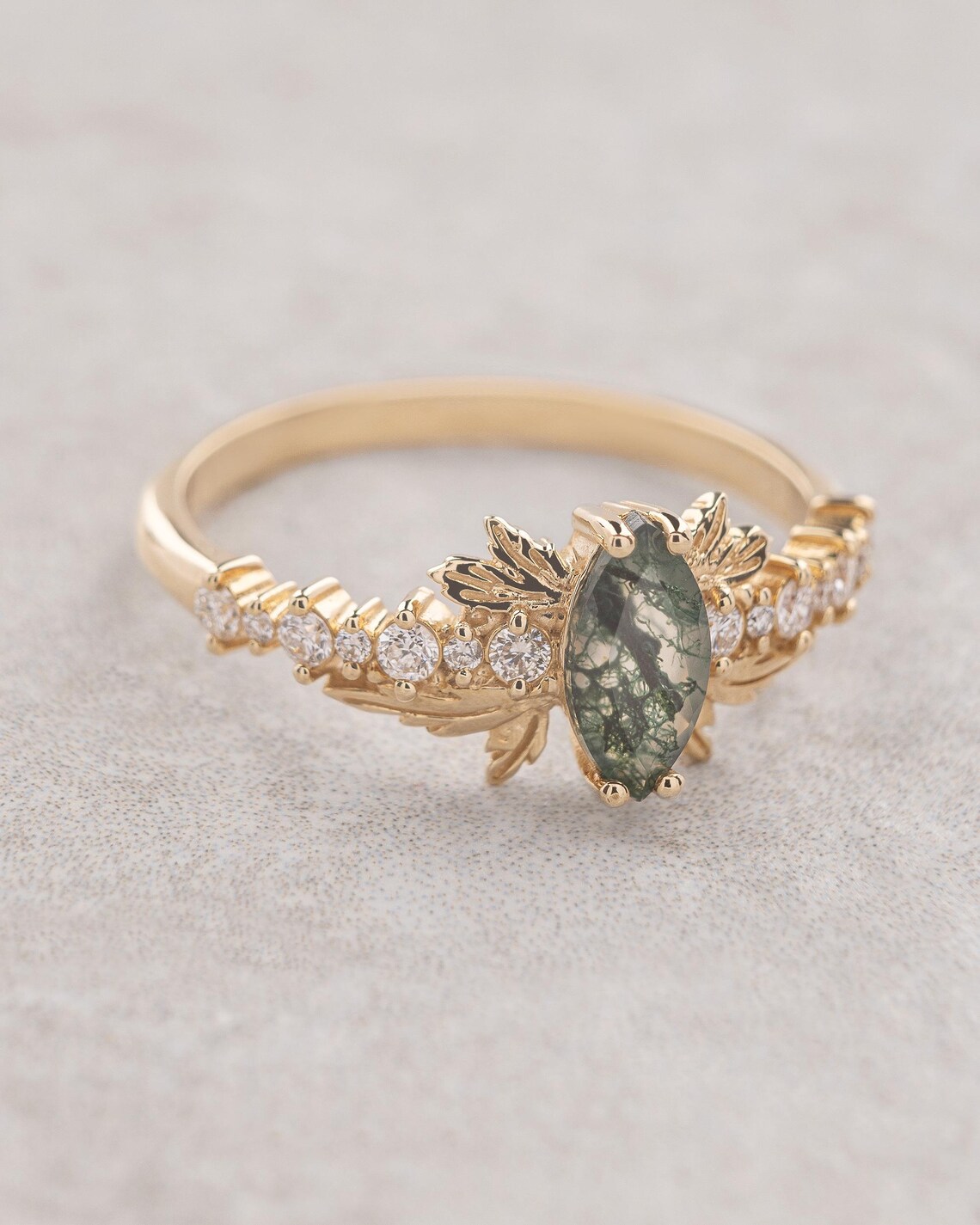 Marquise Cut Moss Agate Engagement Ring, Nature Inspired Gold Leaf Ring ...