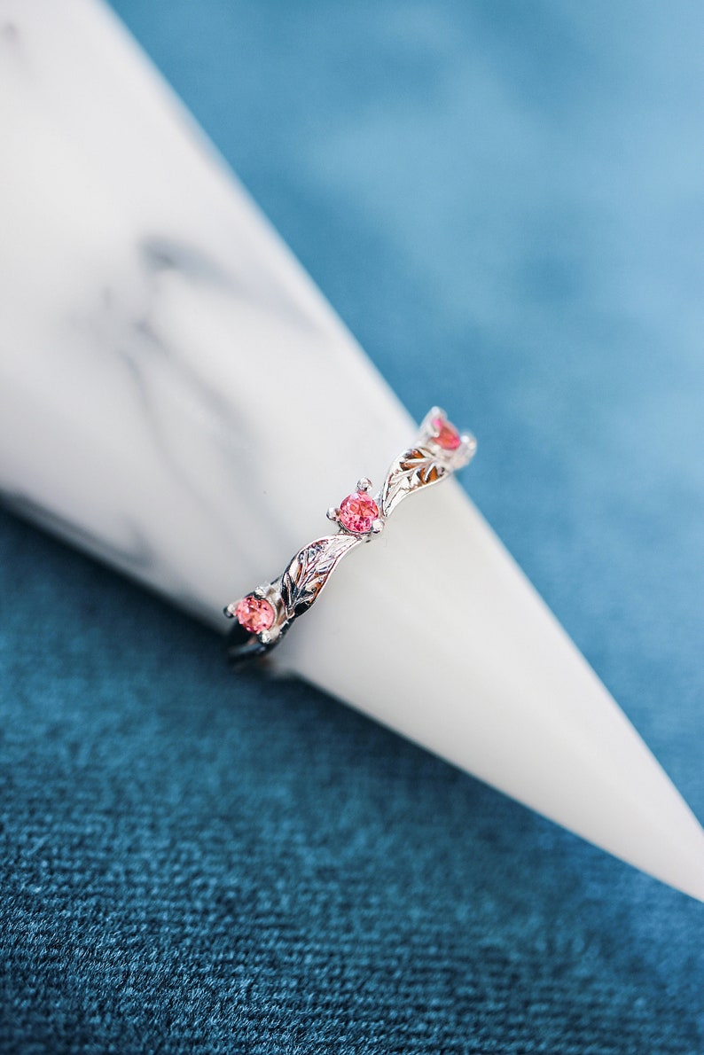 Three Stone Wedding Band Pink Tourmaline Ring Leaves Wedding - Etsy