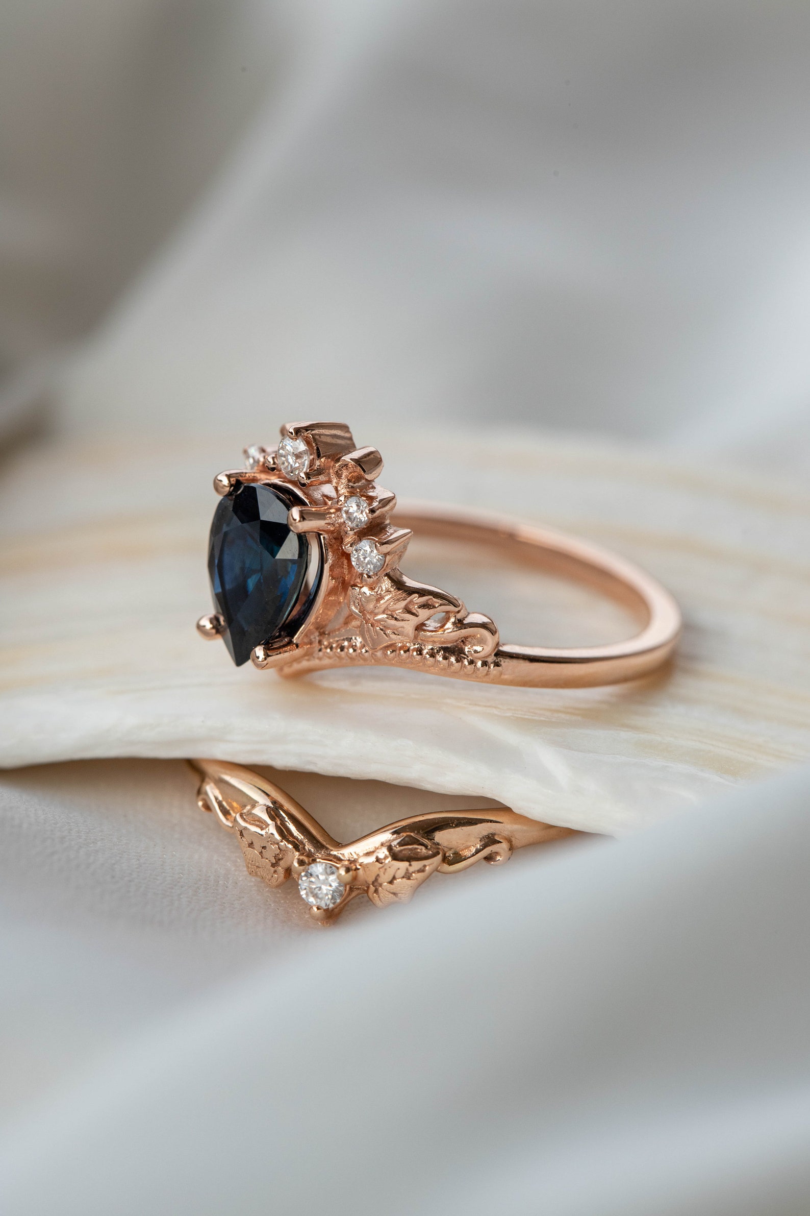 Genuine Dark Blue Sapphire Engagement Ring Set Rose Gold - Etsy