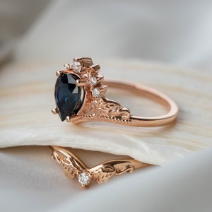 Genuine Dark Blue Sapphire Engagement Ring Set, Rose Gold Stacking ...