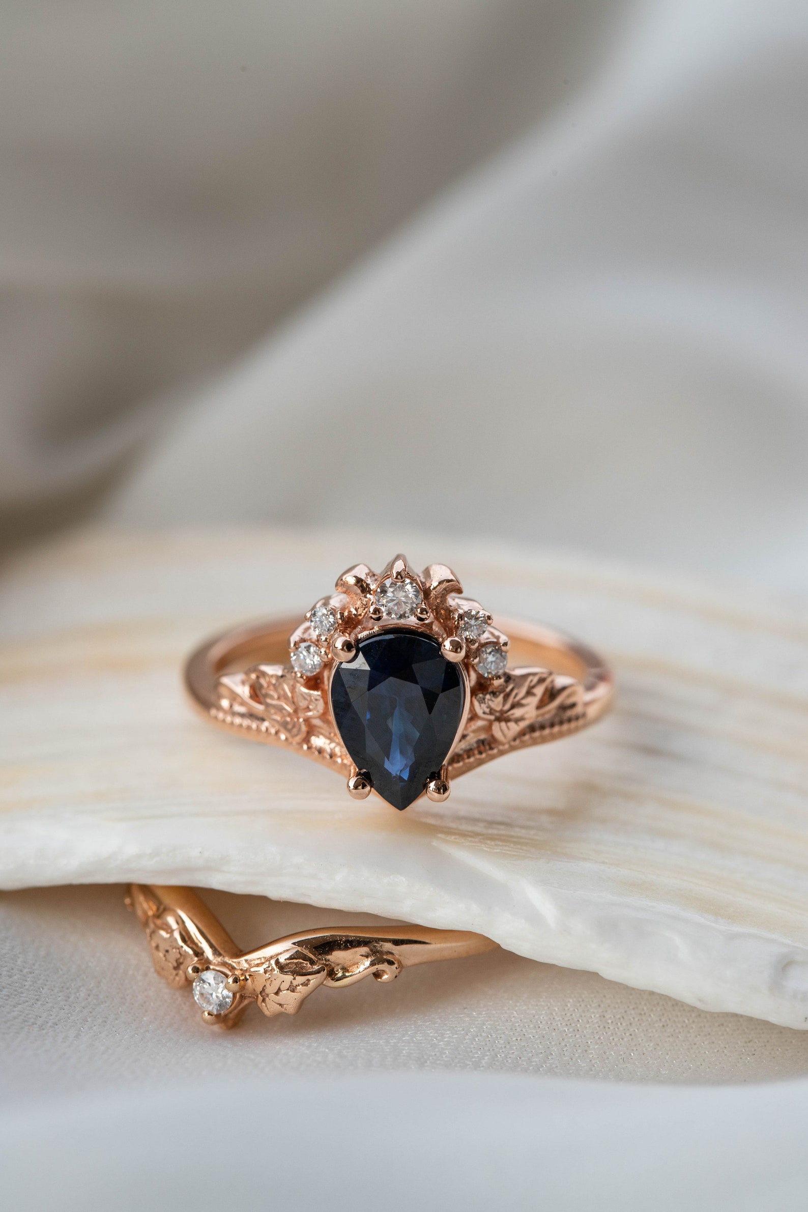 Genuine Dark Blue Sapphire Engagement Ring Set Rose Gold - Etsy