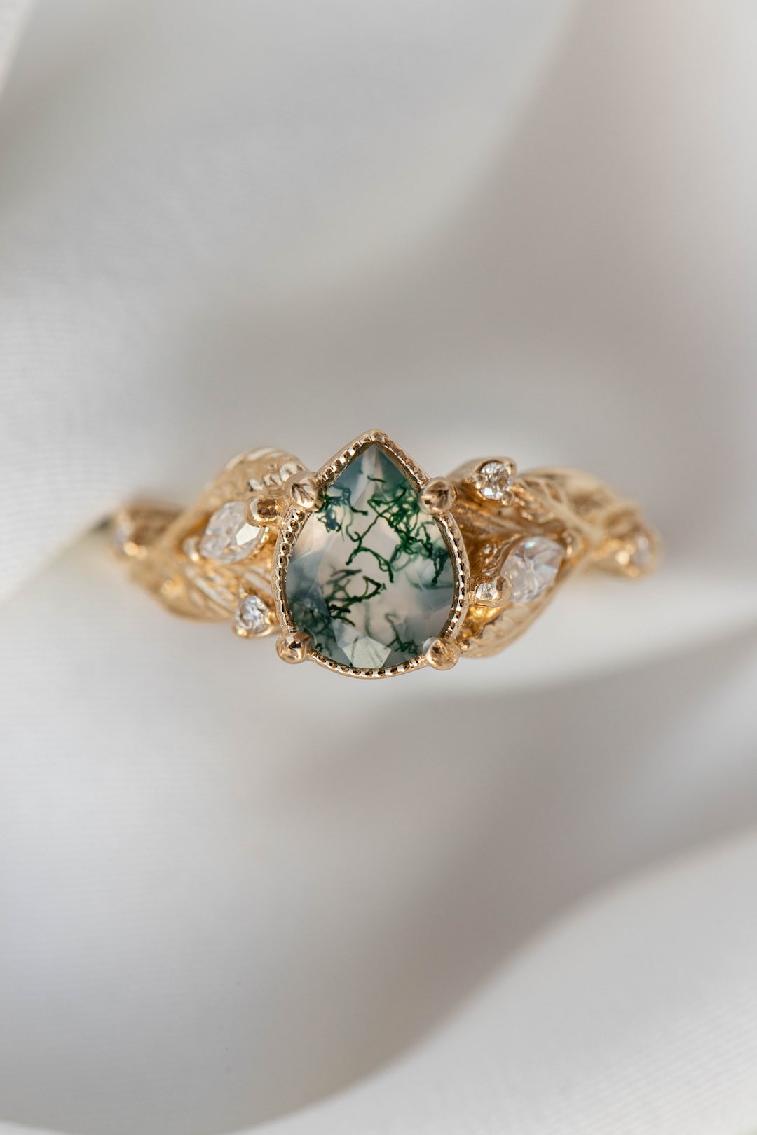 Pear Moss Agate Engagement Ring With Marquise Diamond Leaves, Nature ...