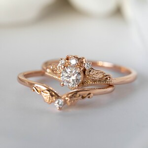 Moissanite Engagement Ring Set, Leaf Bridal Ring Set, Rose Gold Bridal ...