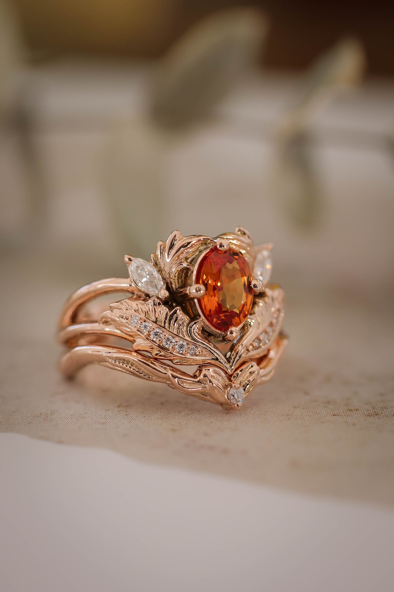 Bridal Ring Set With Orange Sapphire Engagement & Wedding - Etsy