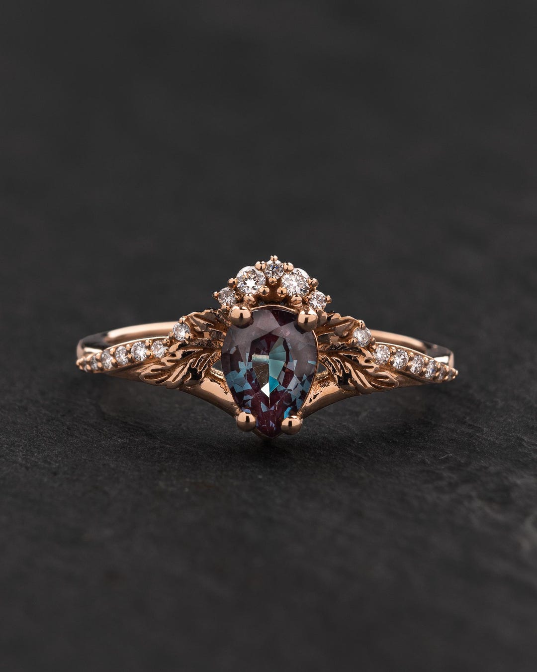 Regal Alexandrite Diamond Crown Engagement Ring - 14/18k Gold V-shaped ...