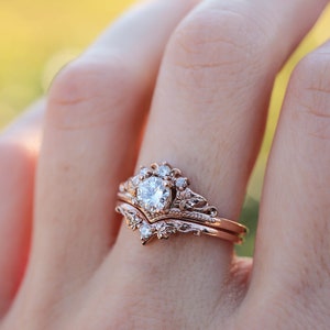 Moissanite Engagement Ring Set Leaf Bridal Ring Set Rose | Etsy