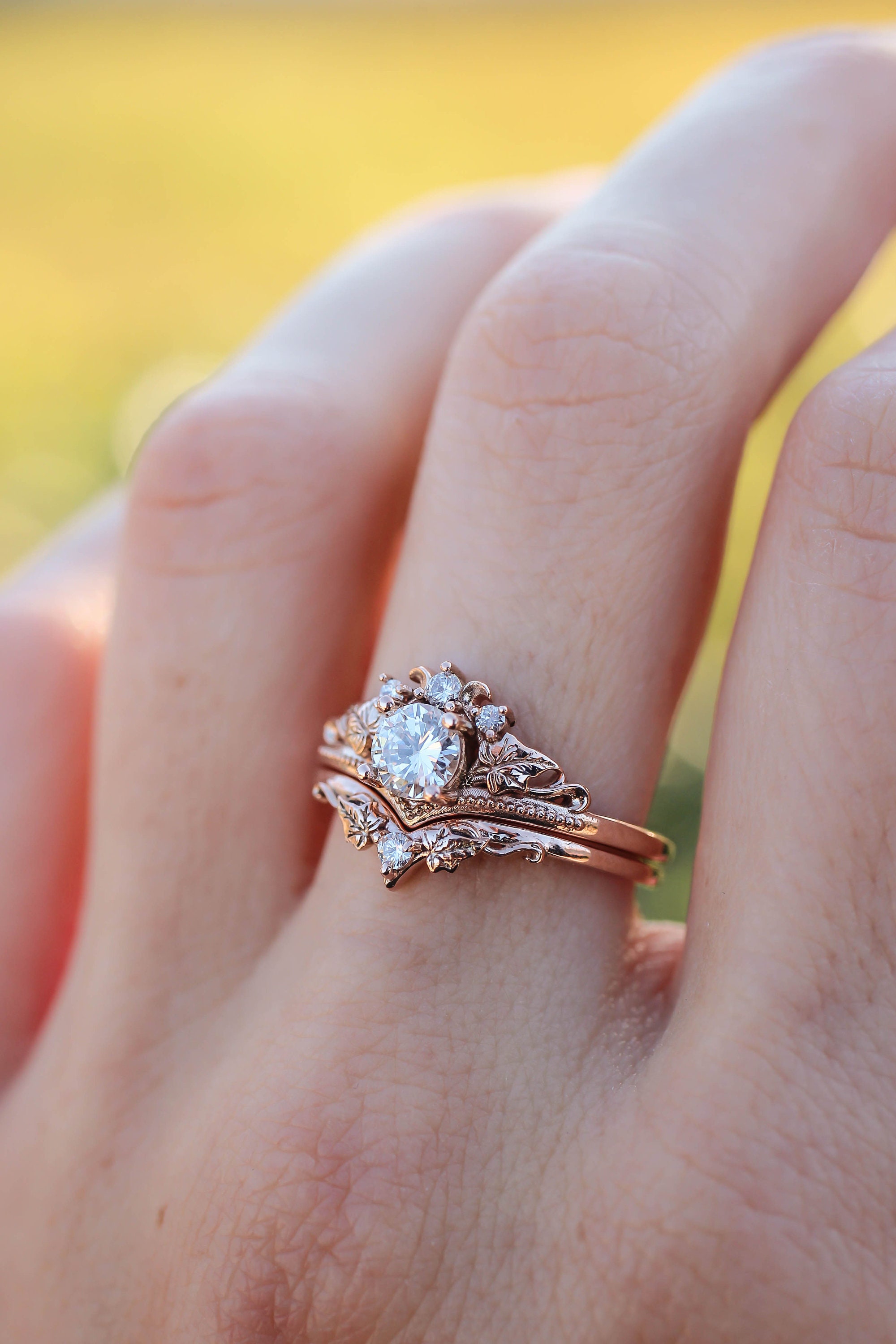 Moissanite Engagement Ring Set Leaf Bridal Ring Set Rose | Etsy