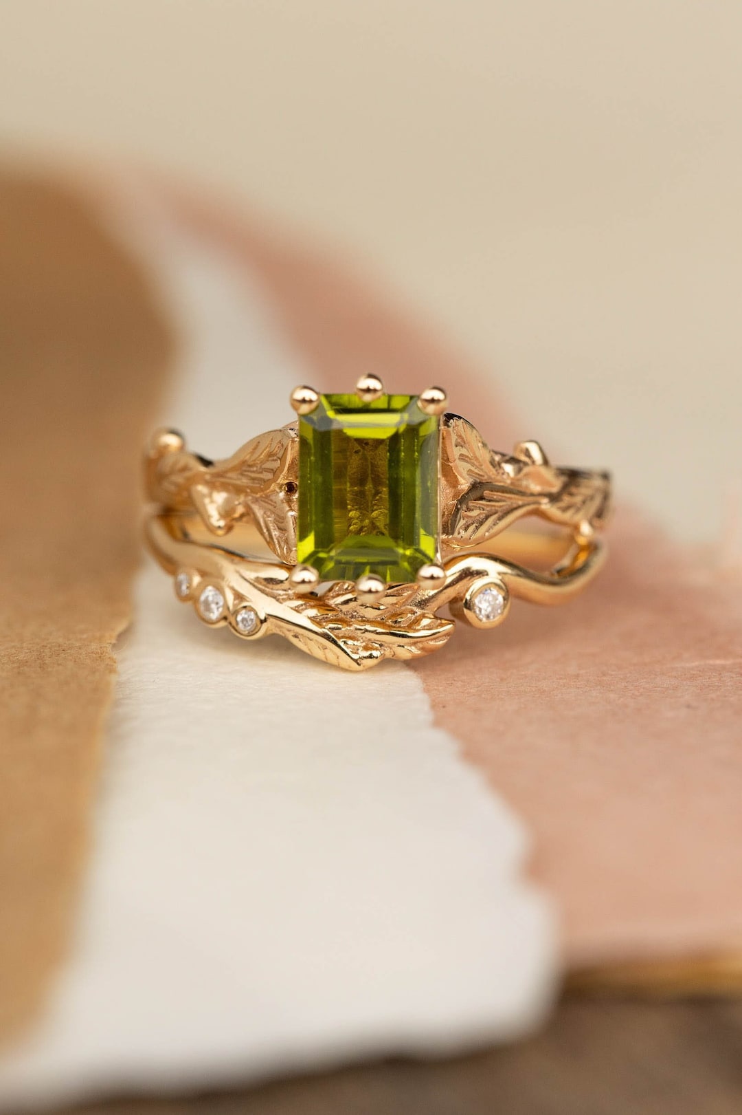 Octagon Peridot Engagement Ring Set, Elven Forest Wedding Engagement ...