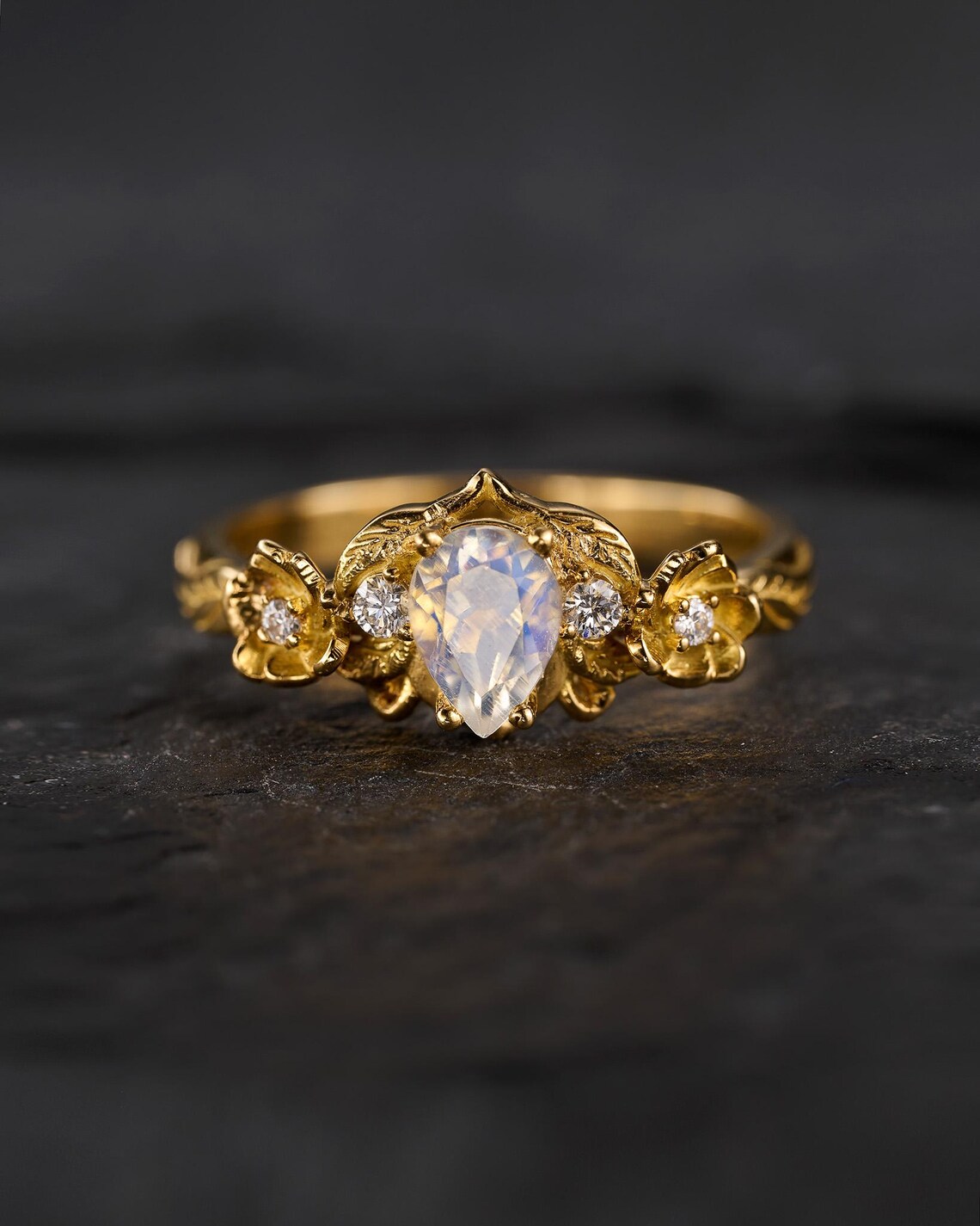 Real Moonstone Ring, Diamonds and Gold Leaves Nature Inspired Flower ...