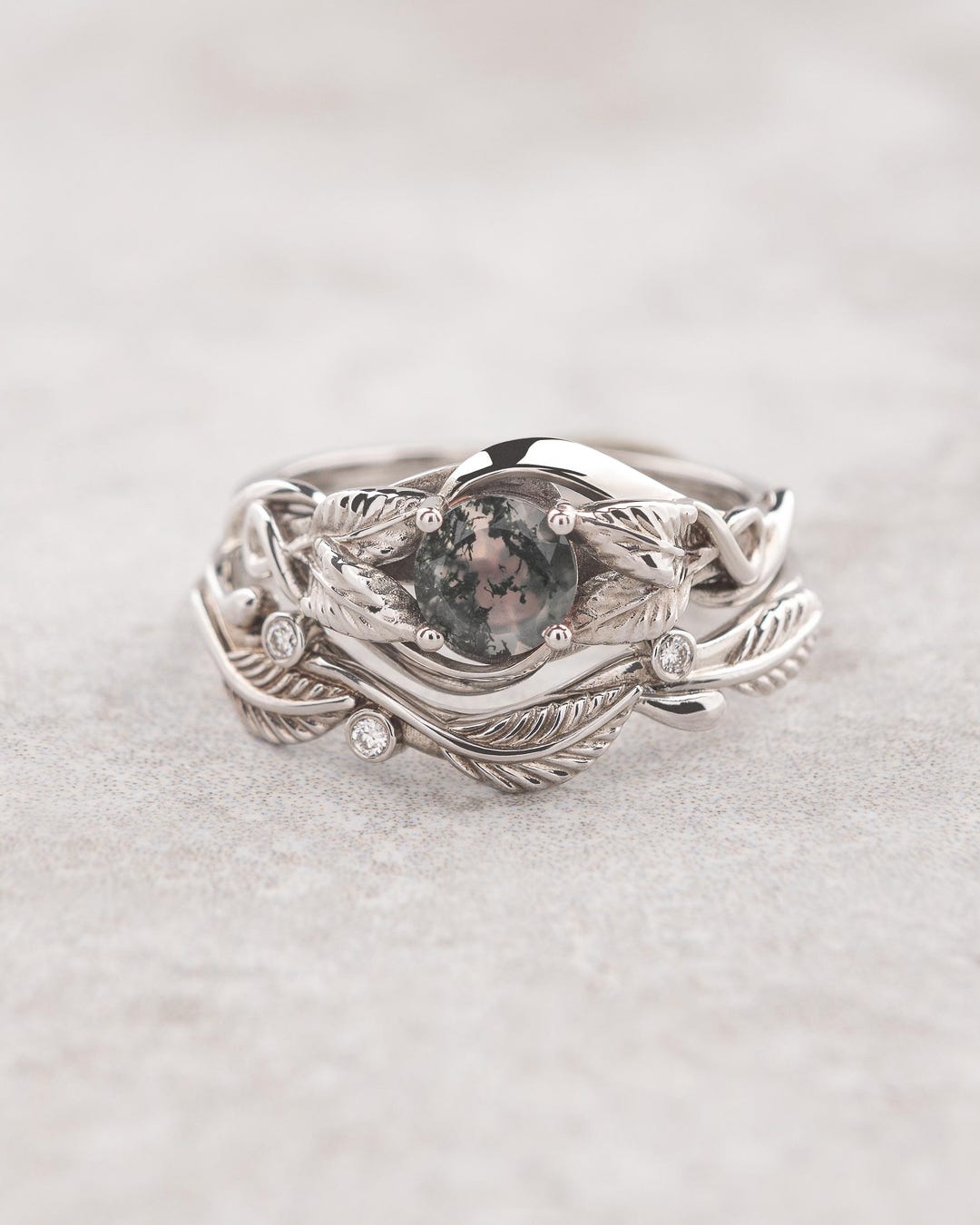 Enchanting Moss Agate Bridal Set: Nature Inspired Golden Leaf Rings for ...