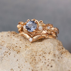 Violetish Blue Sapphire Ring With Flowers & Diamonds, Nature Inspired ...