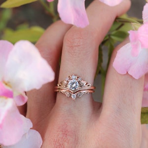Moissanite Engagement Ring Set Leaf Bridal Ring Set Rose | Etsy