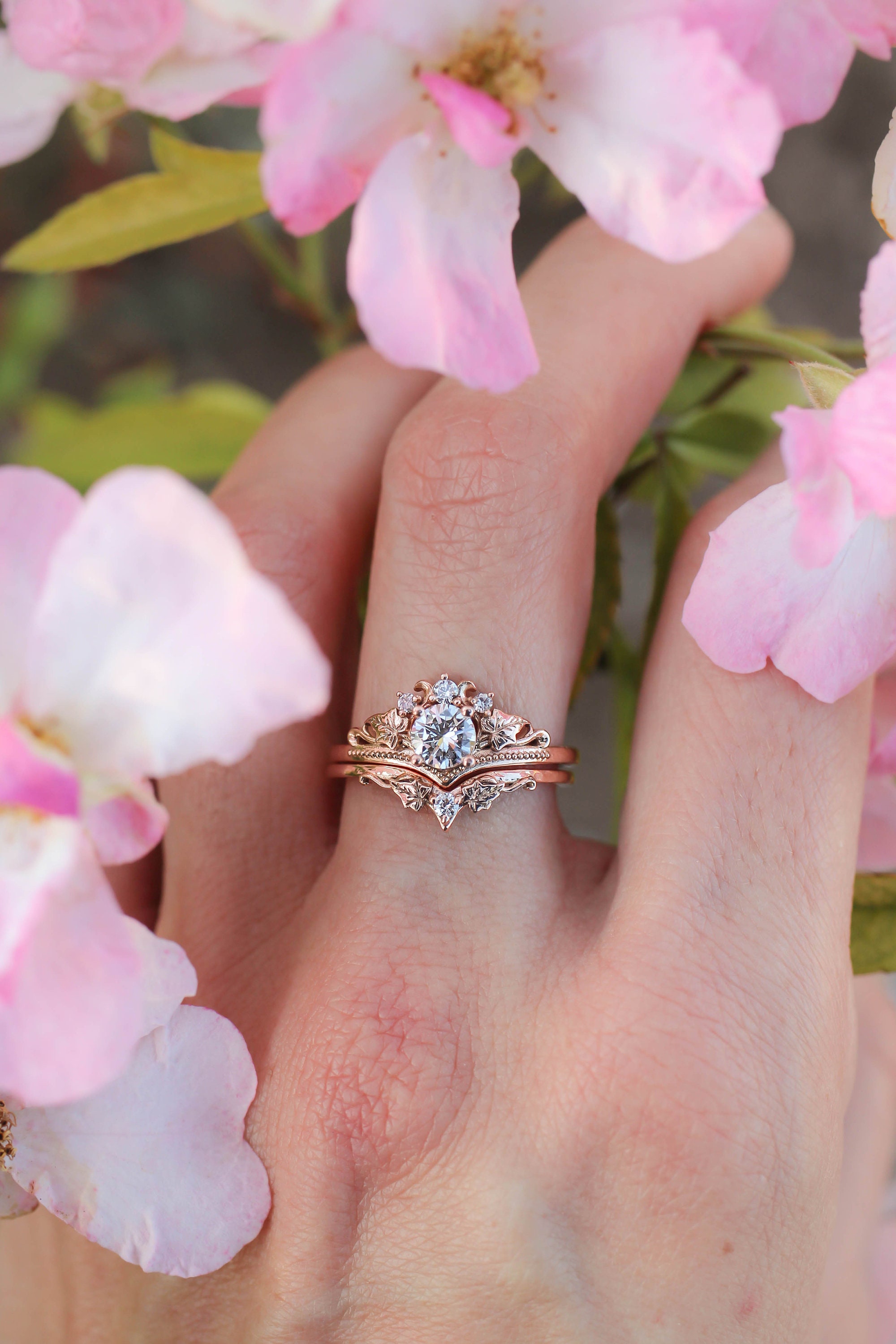 Moissanite Engagement Ring Set Leaf Bridal Ring Set Rose | Etsy