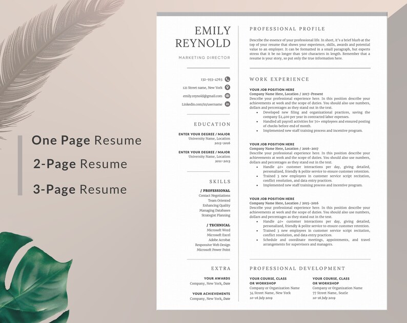 Professional Clean One Page Resume Template Cv Resume - Etsy