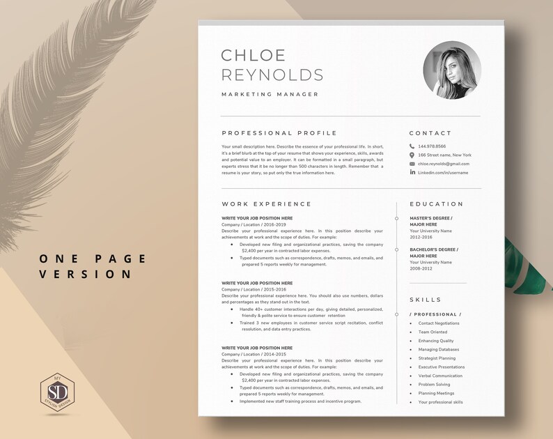 Professional Simple Resume Modern Minimalist Custom Two Page Functional ...