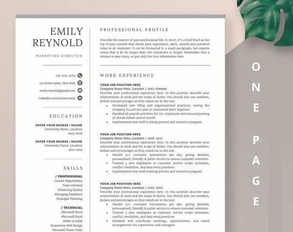 Professional Resume Template Compact 1 Page Resume Template - Etsy Canada