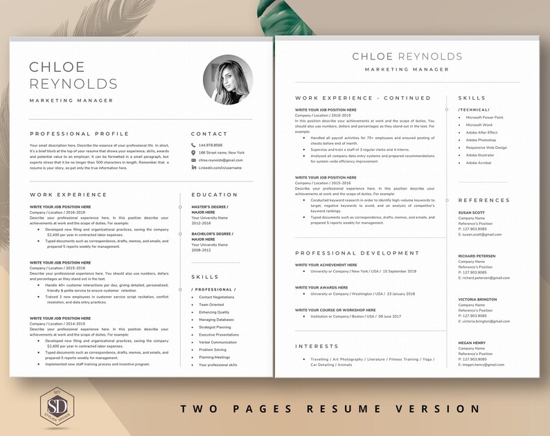 Professional Simple Resume Modern Minimalist Custom Two Page Functional ...