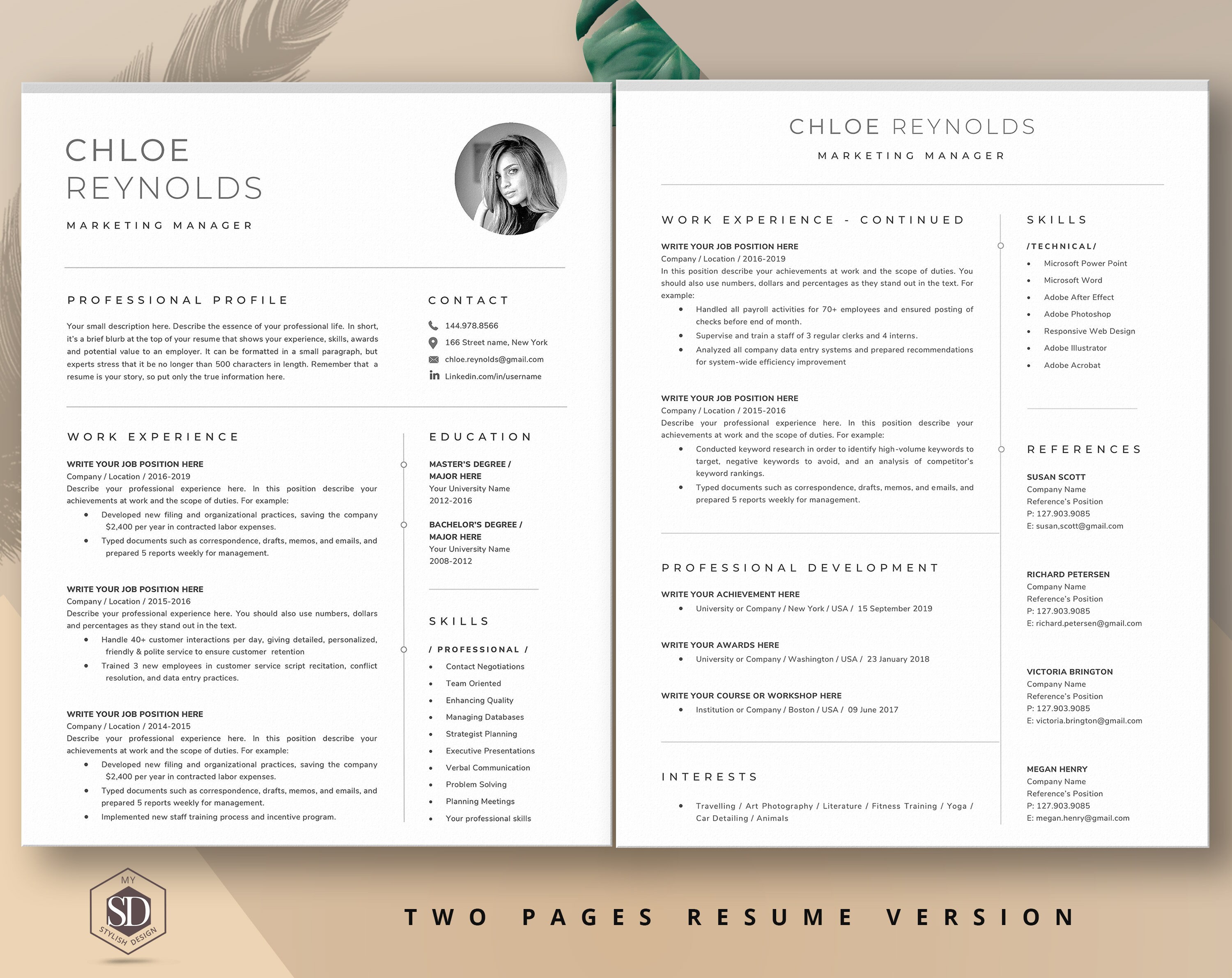 Professional Simple Resume Modern Minimalist Custom Two Page Functional ...