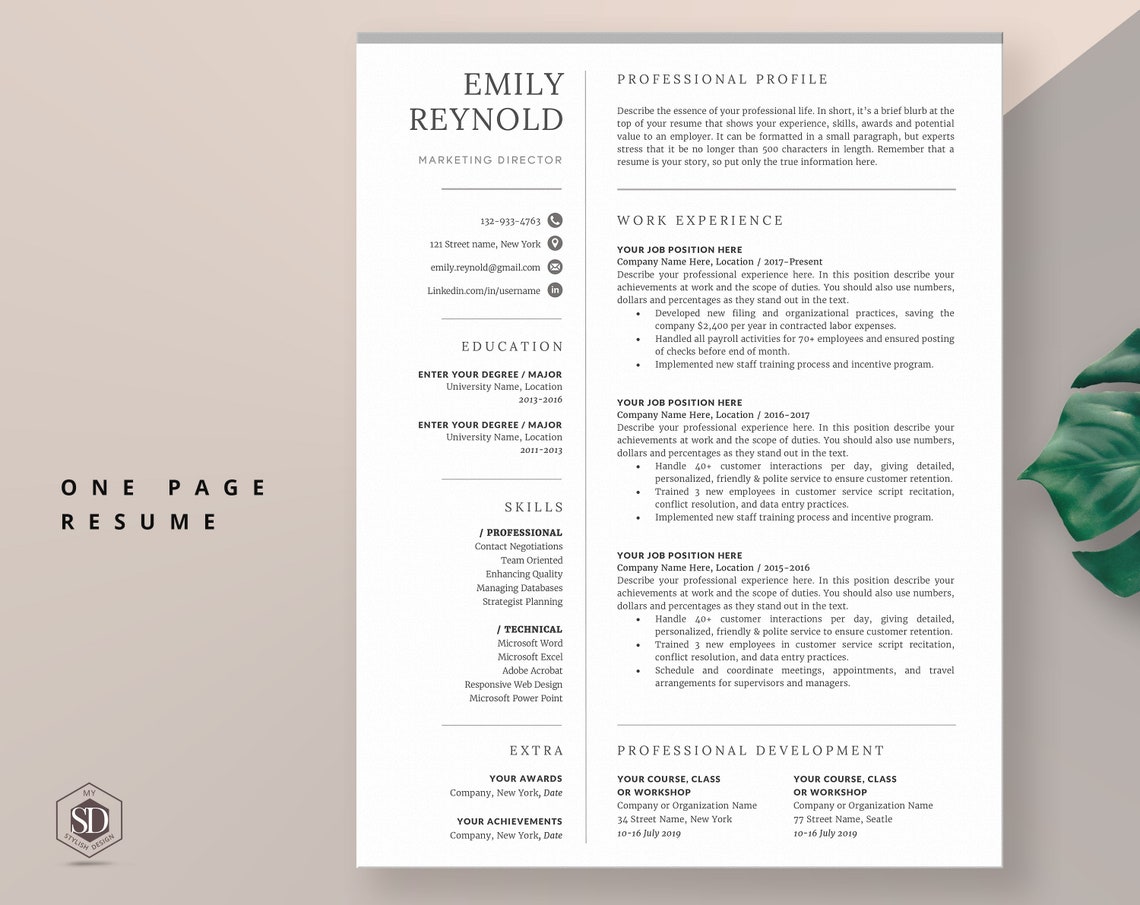 One Page Professional Resume CV Template Simple Resume Template 1 Page ...