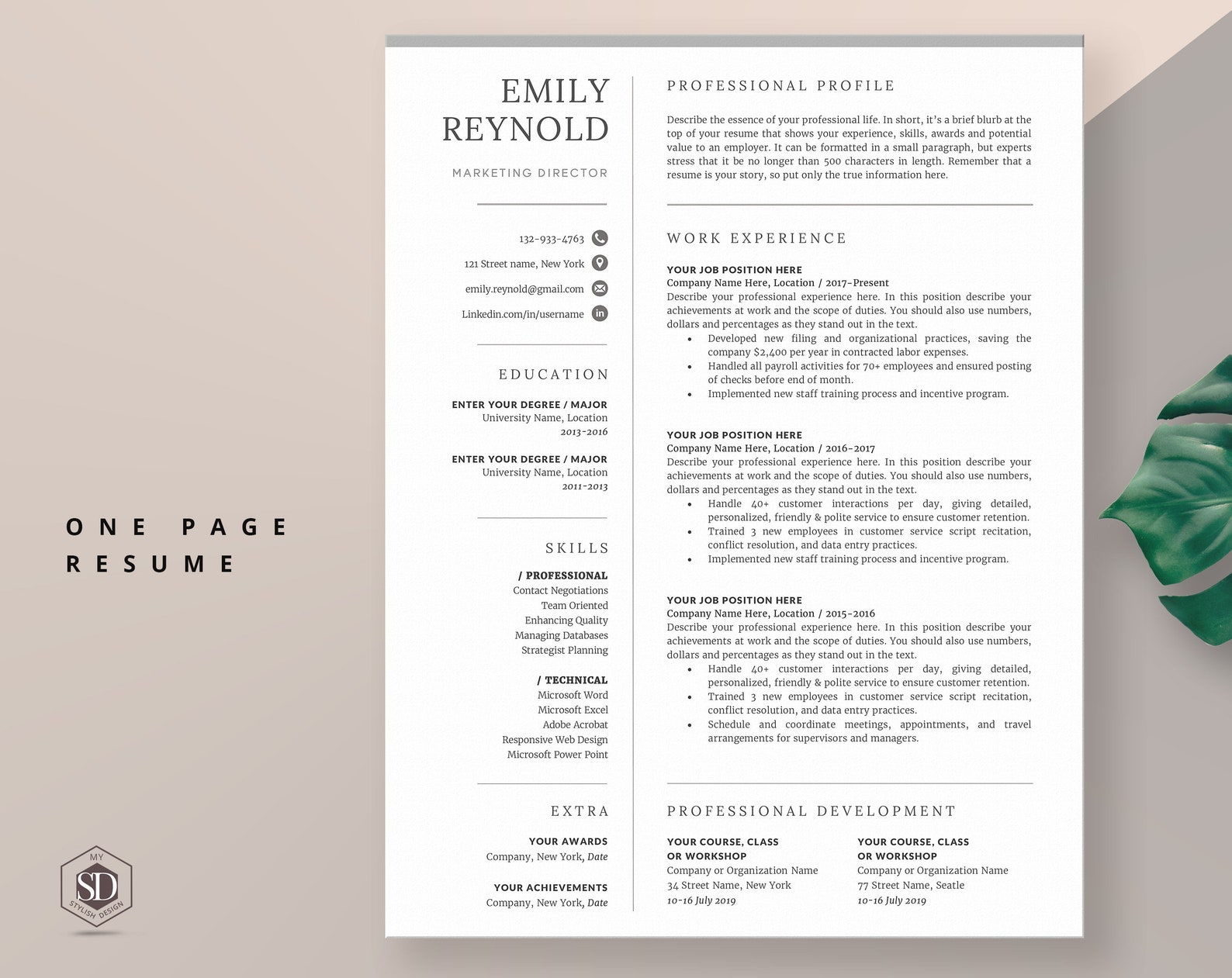 One Page Professional Resume CV Template Simple Resume Template 1 Page ...