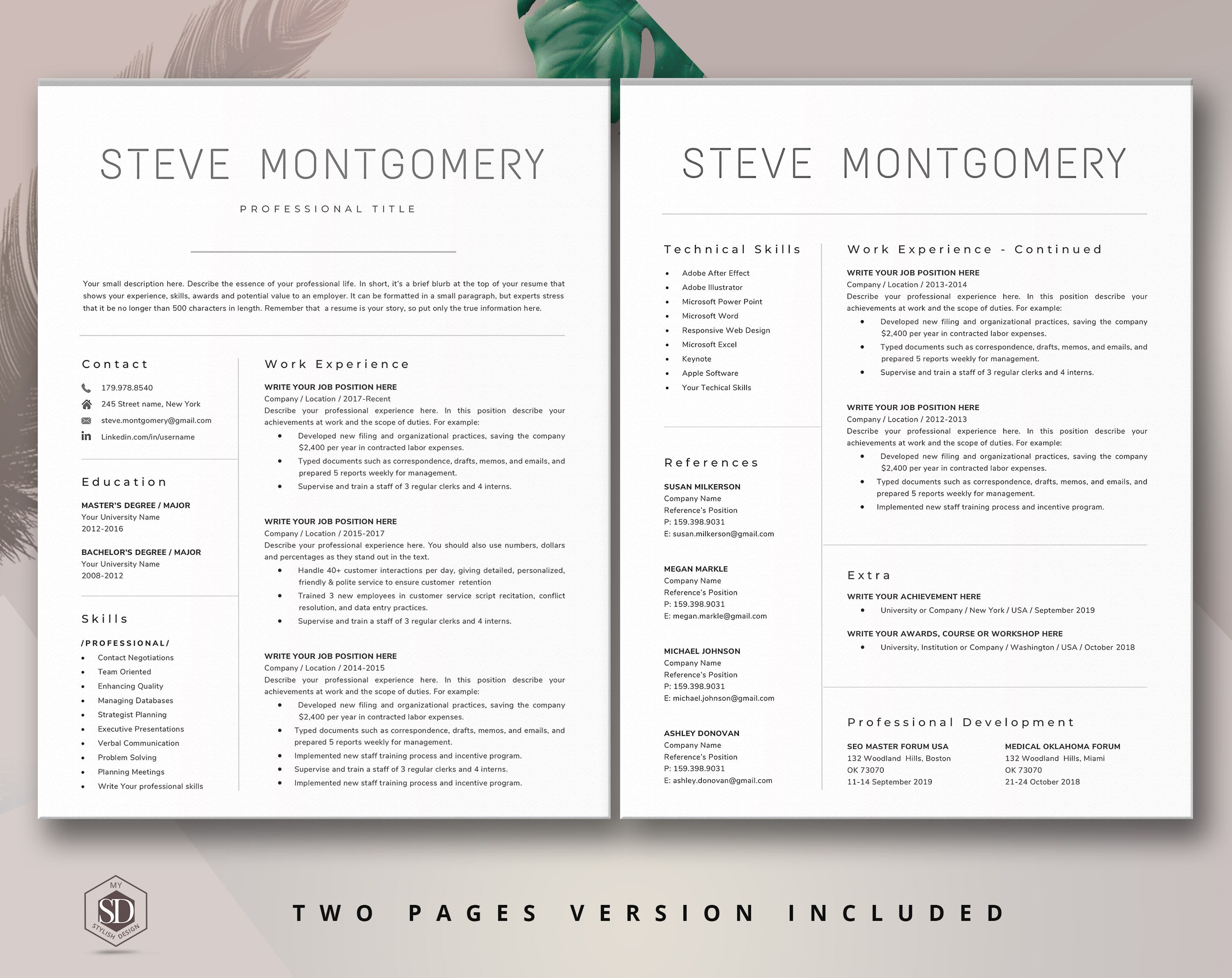 Simple Resume Modern Professional Custom Basic Two Page Functional Two ...