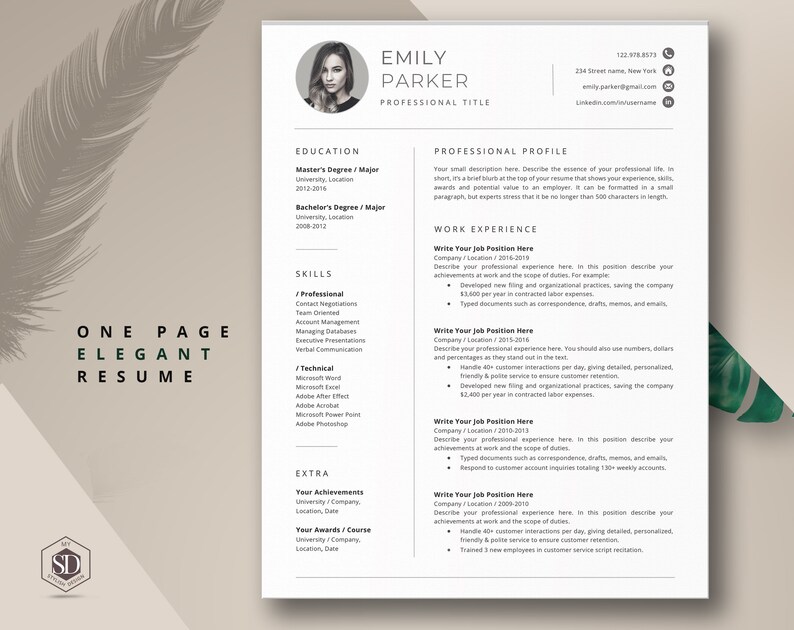 Professional One Page Resume Template, Clean Resume Template for Word ...