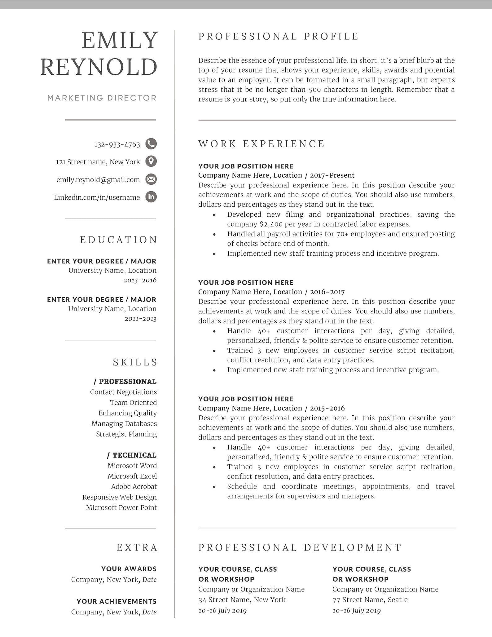One Page Professional Resume CV Template Simple Resume Template 1 Page ...