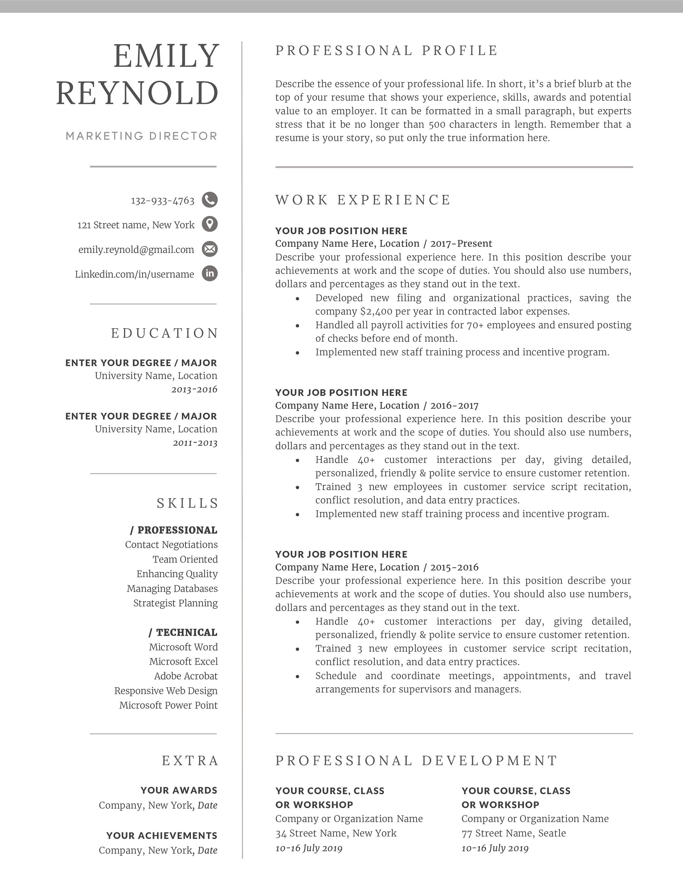 One Page Professional Resume CV Template Simple Resume Template 1 Page ...