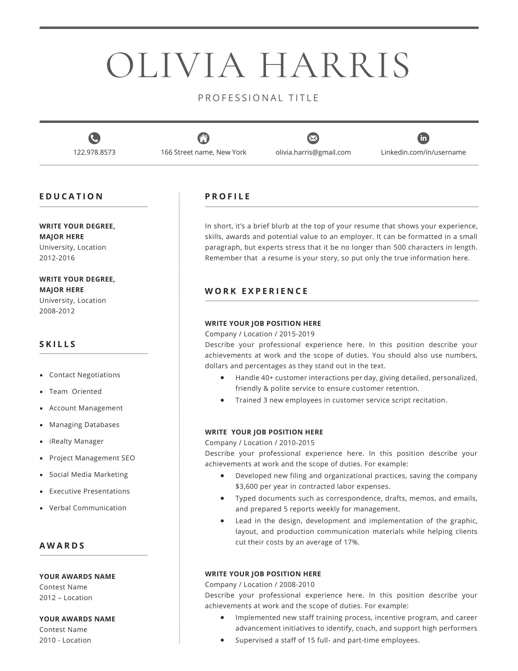 Resume Template, Resume CV Template, Professional Resume Template ...