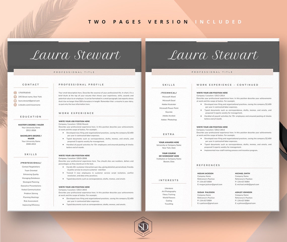 Modern Clean Two Page Resume Template CV Template Cover Letter ...