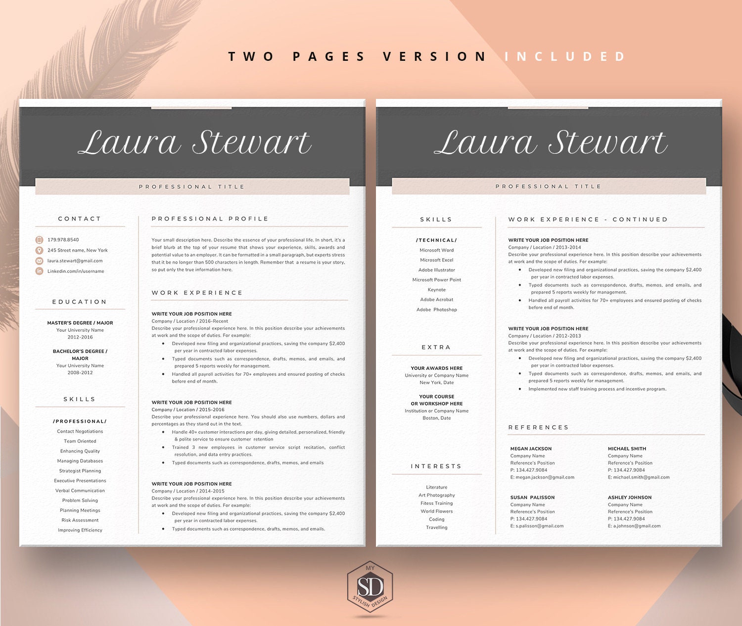 Modern Clean Two Page Resume Template CV Template Cover Letter ...