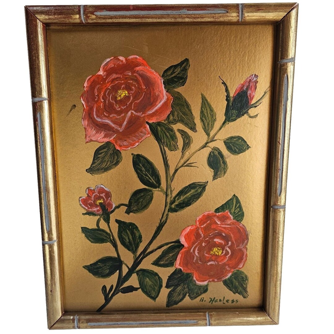 Vintage Floral Painting Artist Signed Harless Coral / Red Roses Gold ...