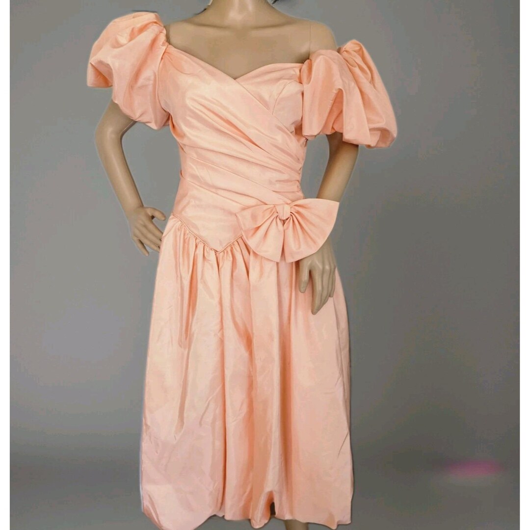 Vintage 80's Party Prom Dress Pretty in Peach Bubble Skirt Puff Sleeves ...