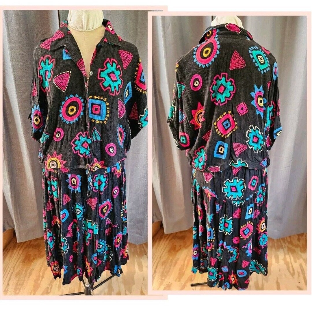 Vintage Sag Harbor Skirt Top Set Colorful Geometric Pattern on Black - Etsy