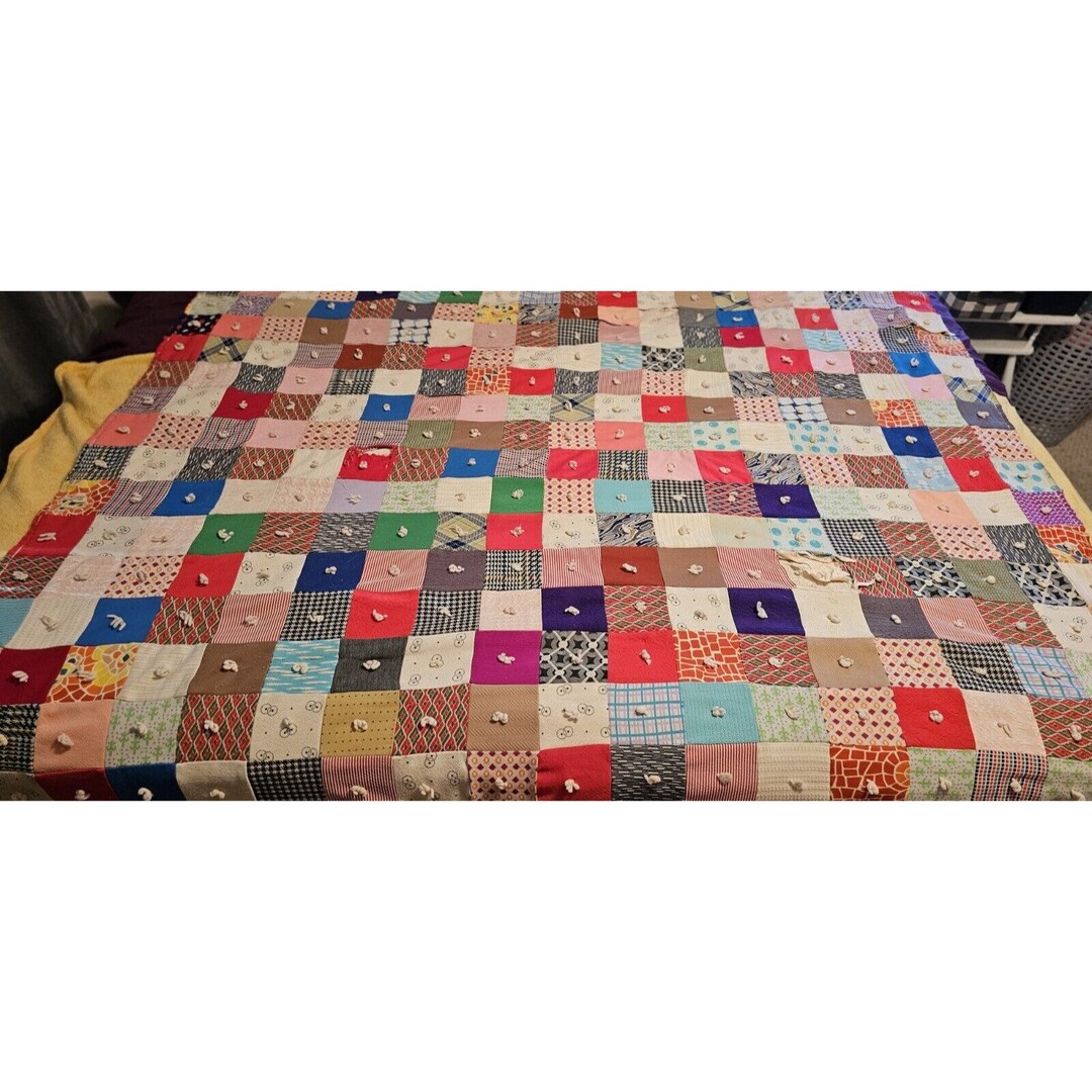 Vintage Handmade Patchwork Quilt 68x70 1960s Scrap Polyester Fabric ...