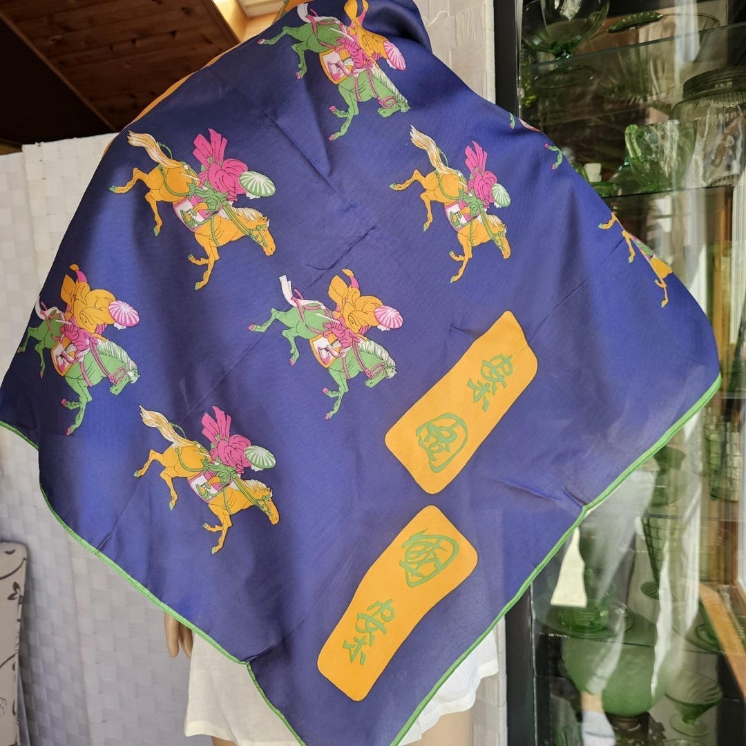 Vintage Scarf Horseback Samari Print Hand Rolled Purple 1960s - Etsy