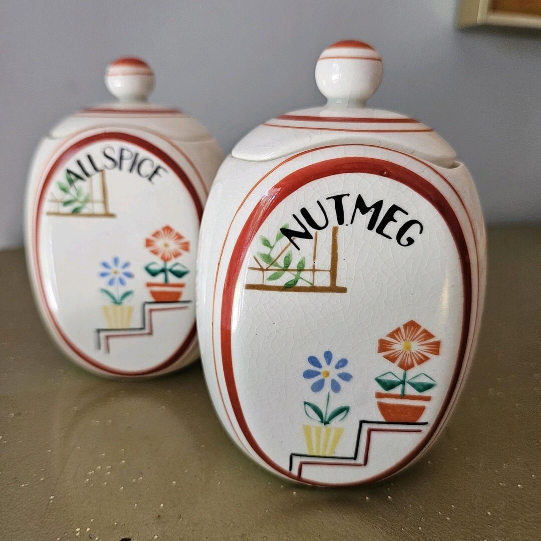 Art Deco Pottery Nutmeg & All Spice Jars Made in Japan Red Ring and ...