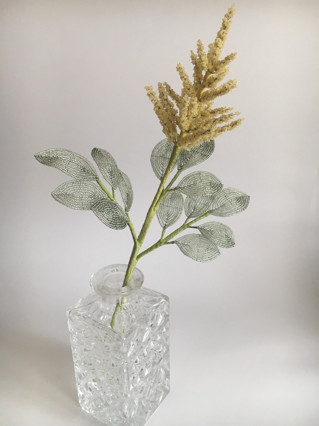 Pastel Yellow Beaded Astilbe 17", French Bead Flower Stem, Soft Yellow ...