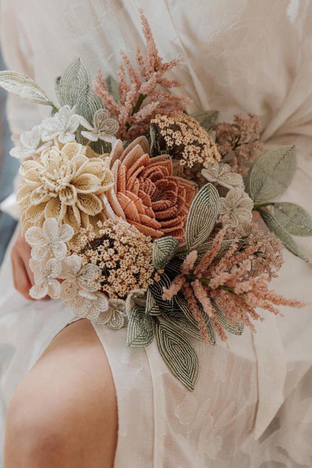 Blush Peony Dahlia Bouquet Set, Milky White Flower Stems, French Beaded ...