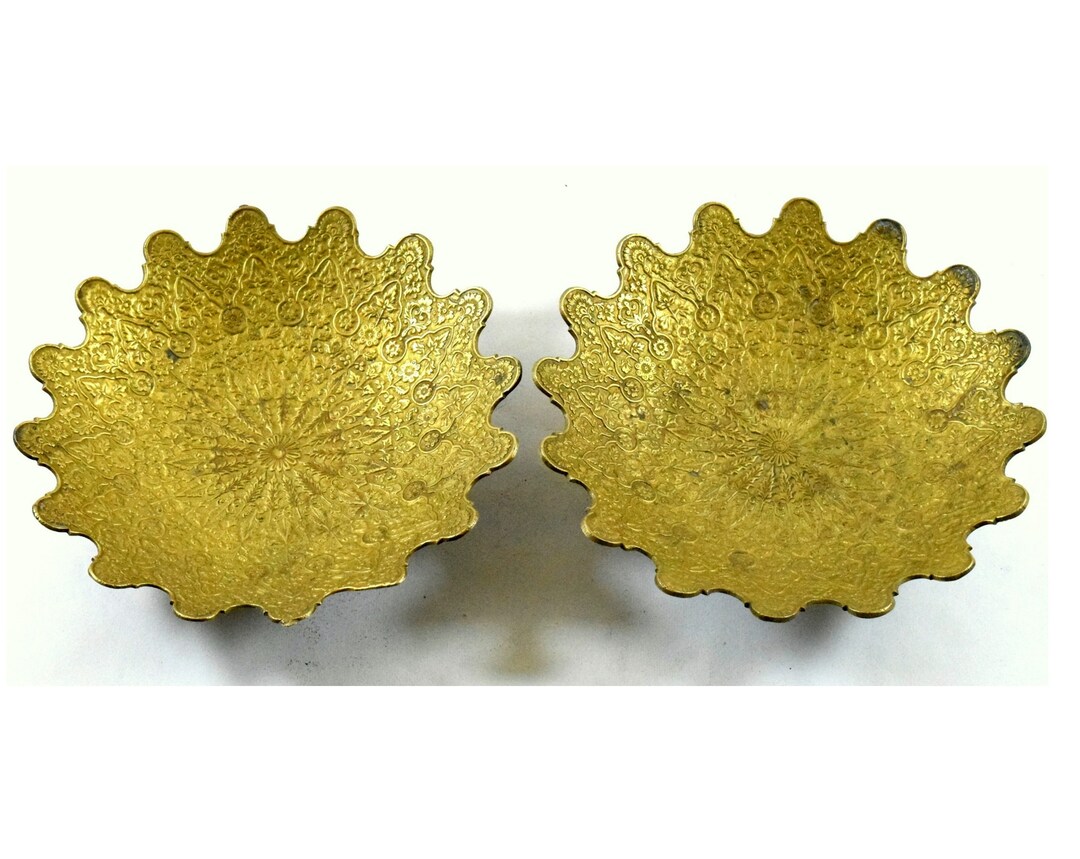 Rare Brass Engraved Flower Design Utility Bowl Pair Unique Table Top ...