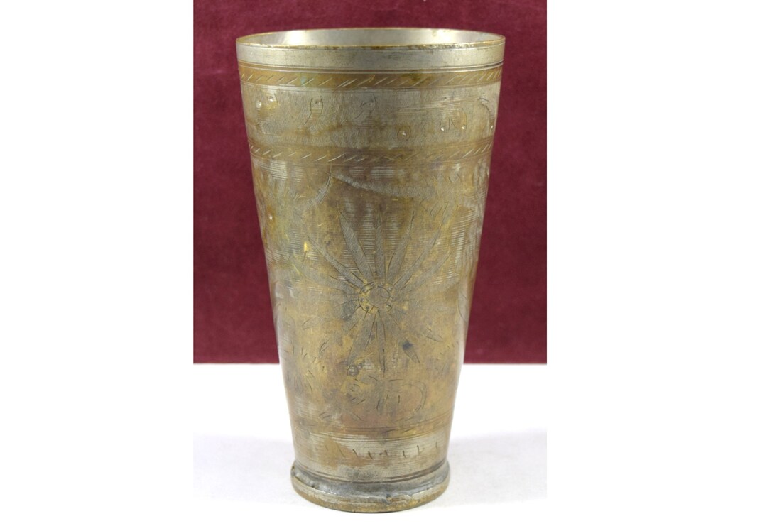 Indian Flower Design Punjabi Lassi Glass / Tumbler Old Vintage Brass ...