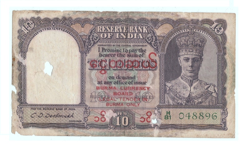 Rare 10 Rs British India Banknote Burma Issue Collectible 10 Rupees ...