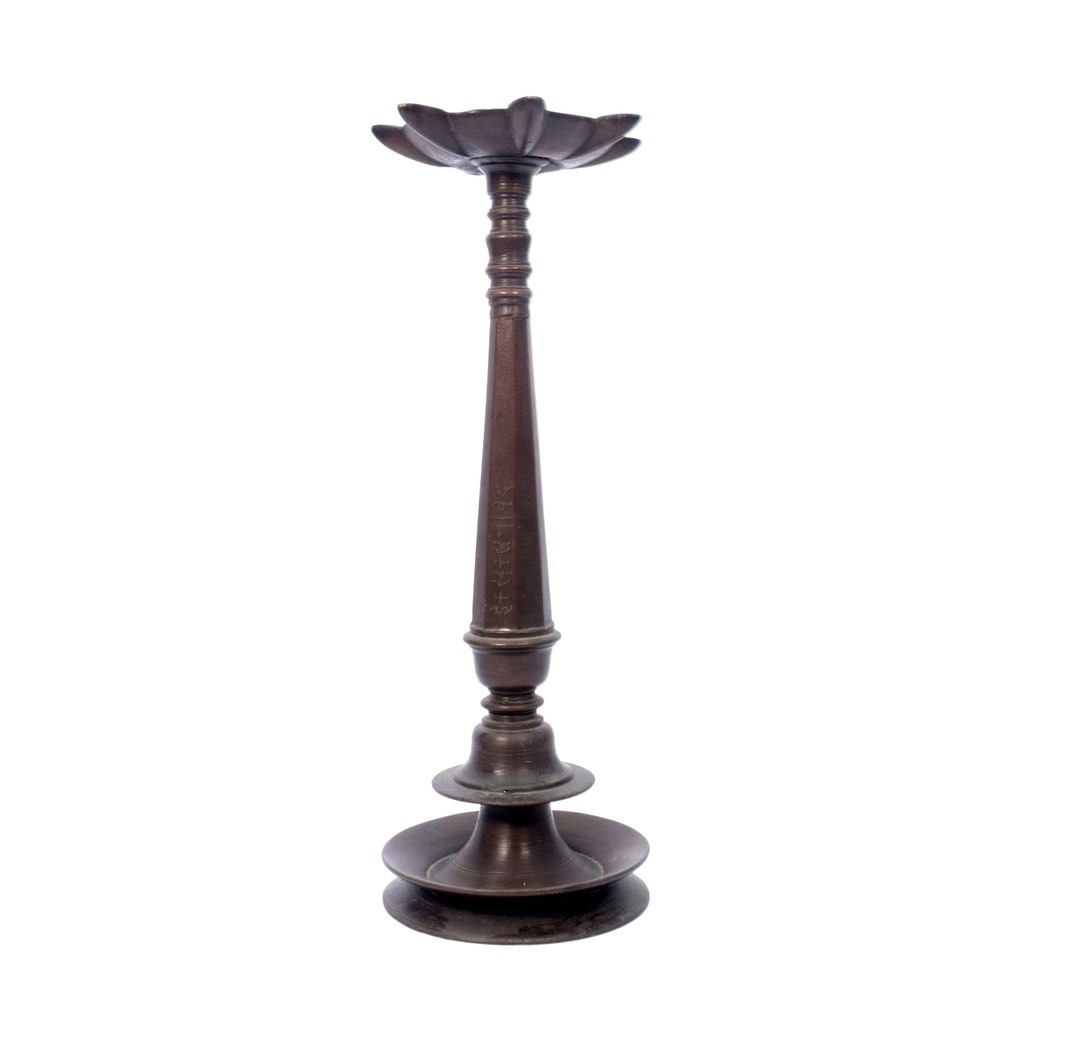 Antique South Indian Hand Crafted Brass Oil Diya Light Stand 19c Indian ...