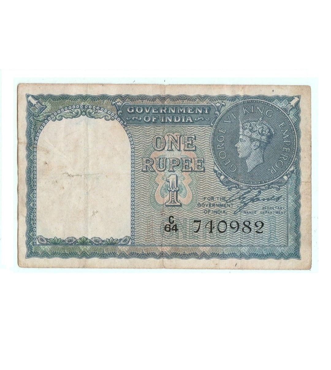 1RS Banknote George VI King 1st Issue British India Sign by C.E. Jones ...