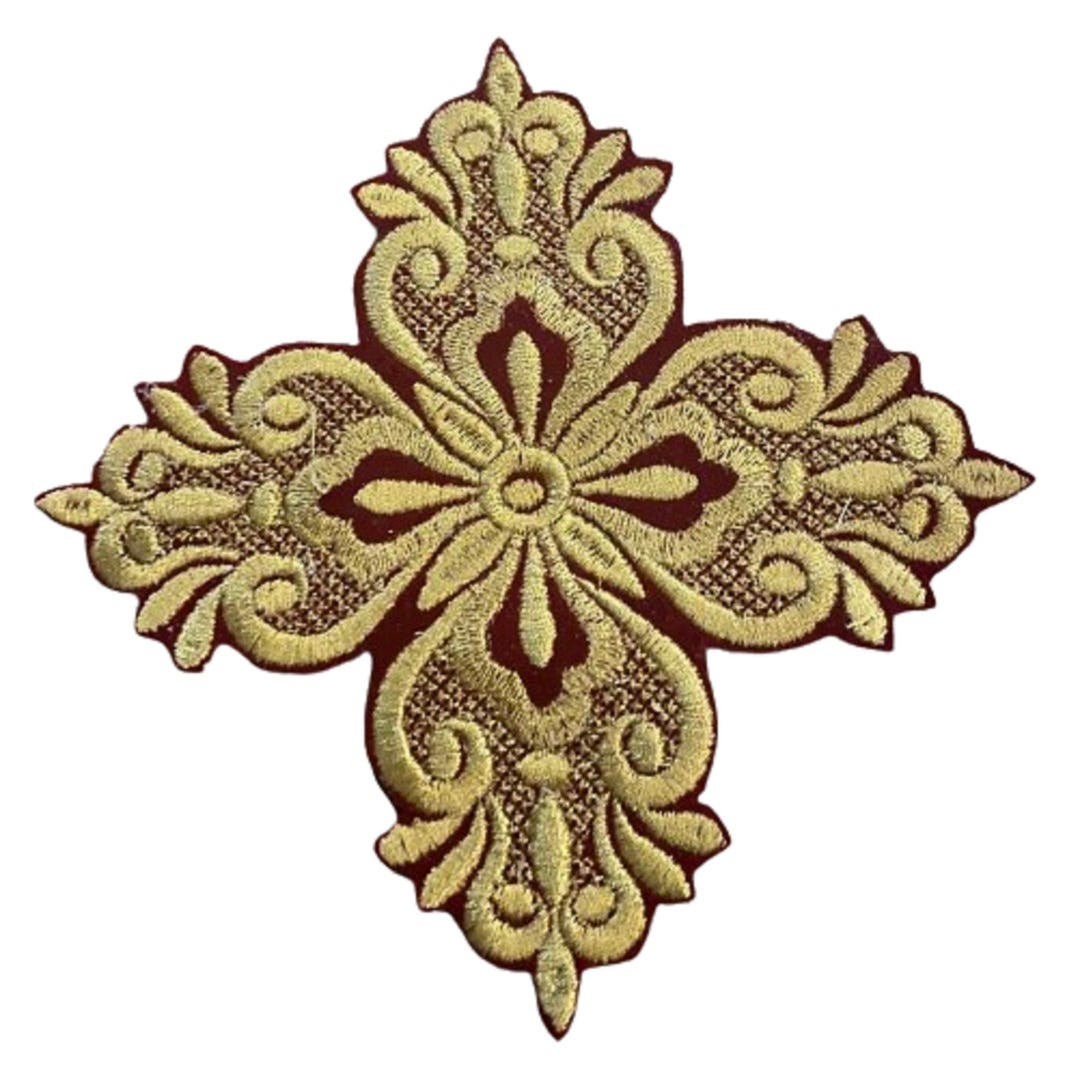 Gold Embroidered Cross Applique: Burgundy Velvet Fabric, Religious ...
