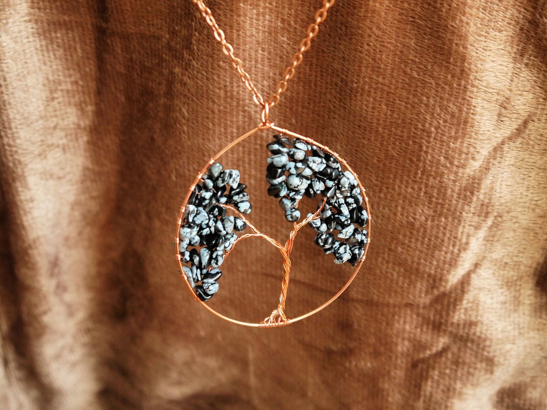 Snowflake Obsidian Tree Pendant, Copper Wire Tree of Life Gemstone ...
